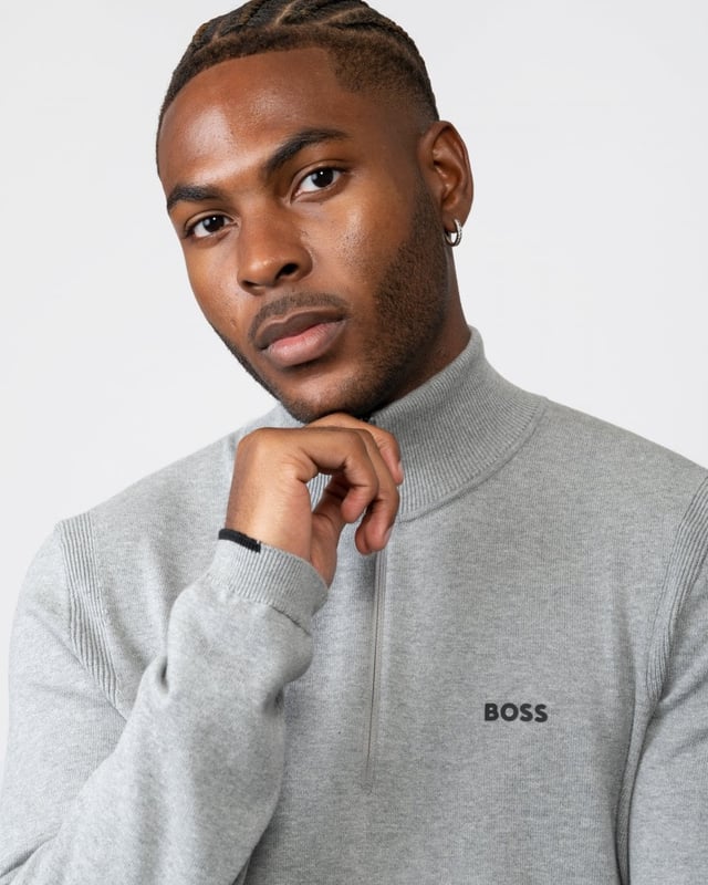 BOSS Green Ever-X Mens Cotton Blend Zip-Neck Sweater with Logo Print