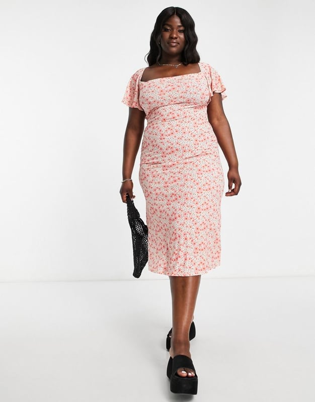 Asos Design Curve Flutter Sleeve Midi Tea Dress In Floral And Spot