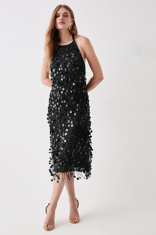 Disc Sequin Halterneck Midi Dress