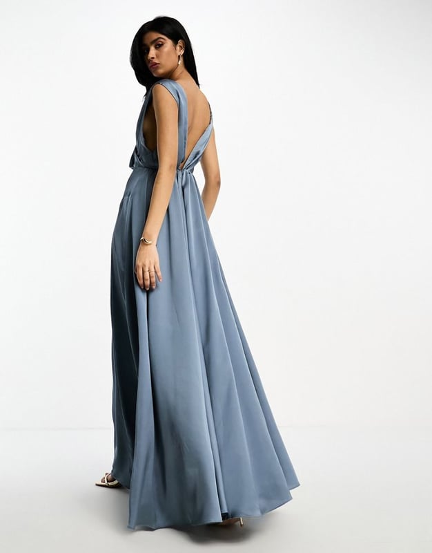ASOS EDITION satin maxi dress with wrap bodice in dusky blue