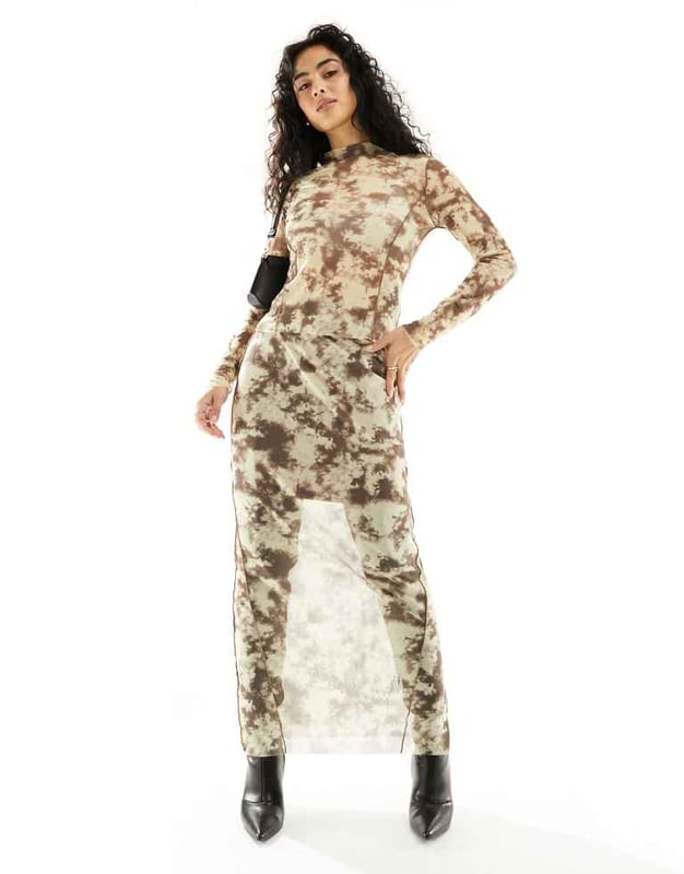 Pieces mesh high neck top co-ord in neutral abstract