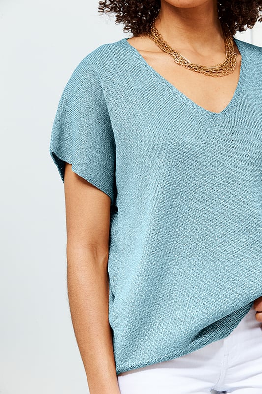 Soft Blue Metallic Short Sleeve Knitted Top