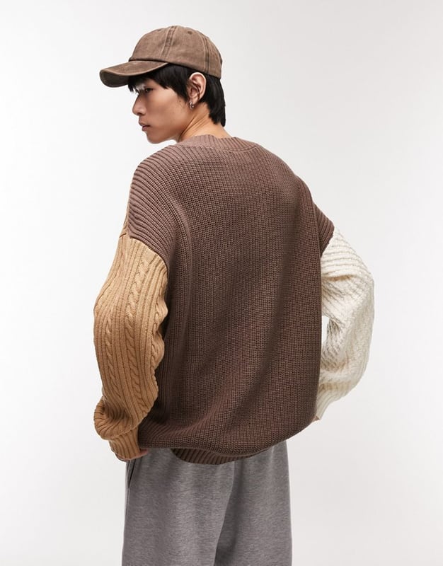 Topman knitted v neck jumper with mix stitch in stone-Neutral
