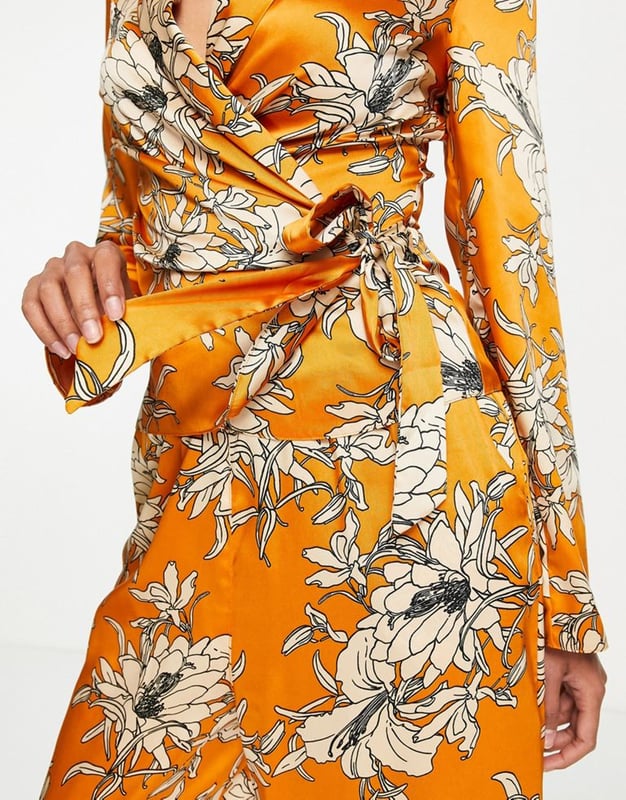 ASOS DESIGN satin collared wrap top co-ord in orange floral print-Multi
