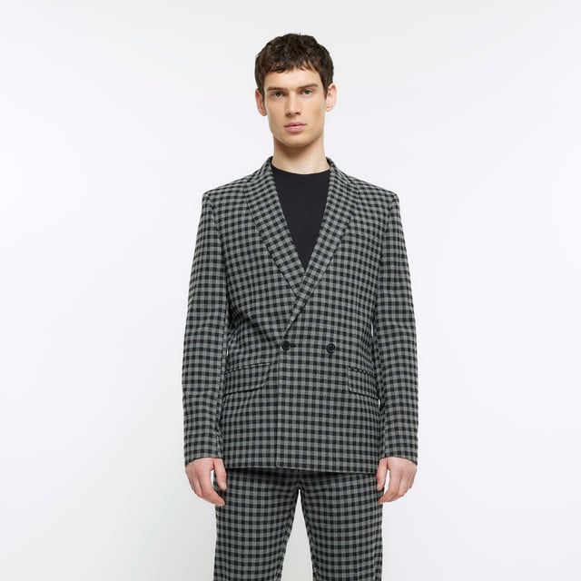 River Island Mens Suit Jacket Grey Slim Fit Check Double Breast