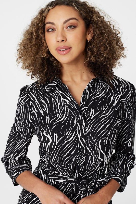 Zebra Print Button Front Shirt Dress