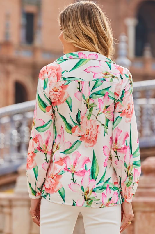 Ivory Floral Print Blouson Sleeve Satin Shirt