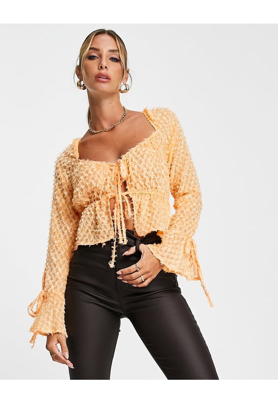 ASOS DESIGN tie front fluffy blouse with flare sleeve & corset bust in ...