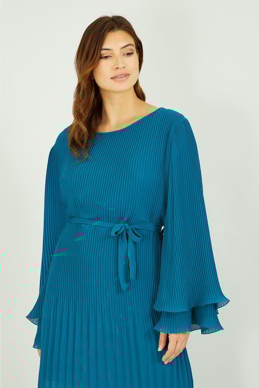 Mela Teal Pleated Dress With Double Fluted Long Sleeves