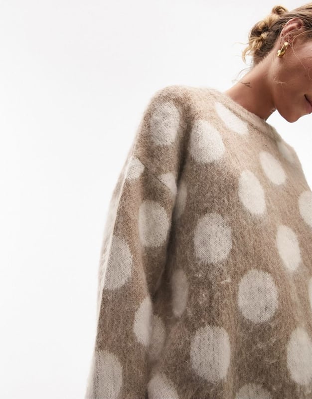 Topshop knitted crew neck fluffy spot jumper in neutral