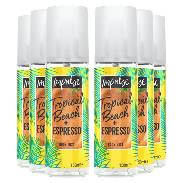 Impulse Body Mist with Tropical Beach and Espresso 150ml, 6 Pack