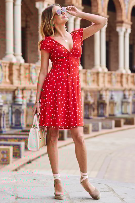 Red & White Spot Print Ruched Neckline Jersey Dress