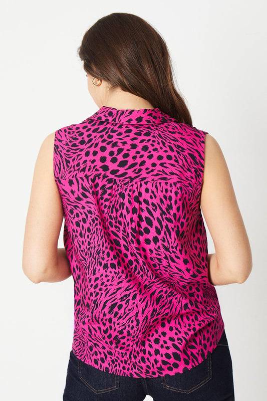 Animal Print Viscose Tie Front Sleeveless Shirt