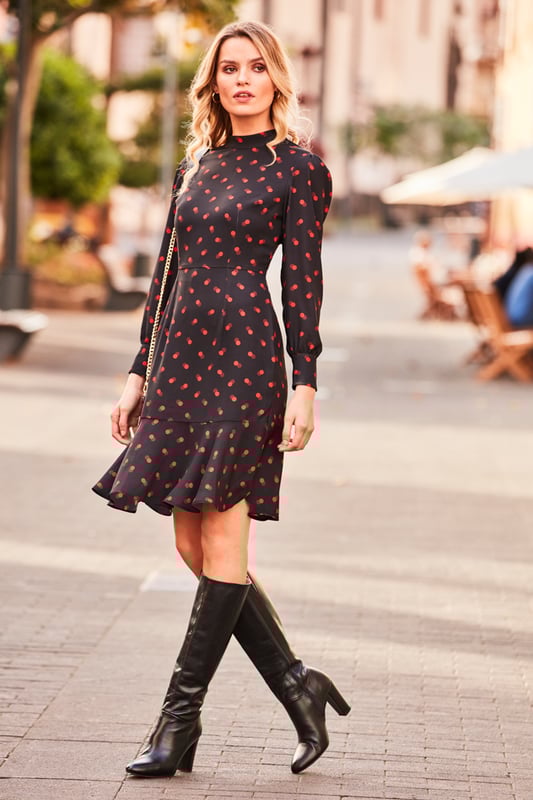 Black & Red Spot Print Fit & Flare Dress