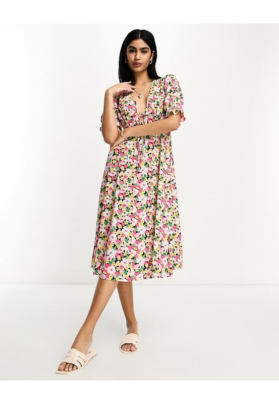 Asos Design Tie Front Chuck On Midi Tea Dress In Black Floral Print Multi