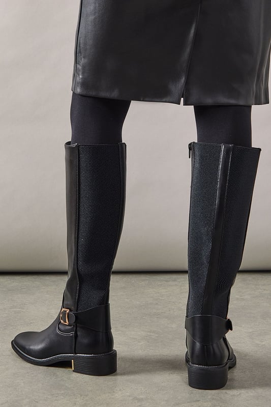 Holly Buckle Detail Elastic Back Knee High Riding Boots
