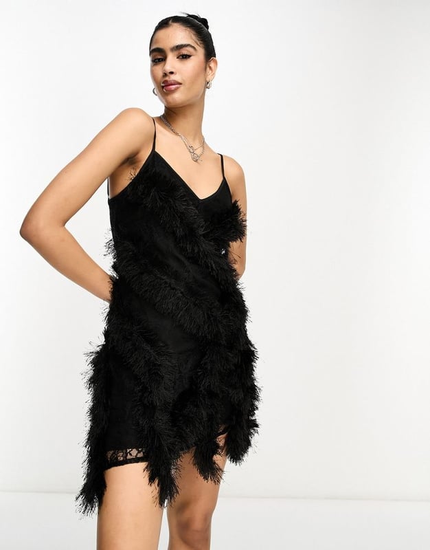 ASOS DESIGN fluffy floral lace mini slip dress in black