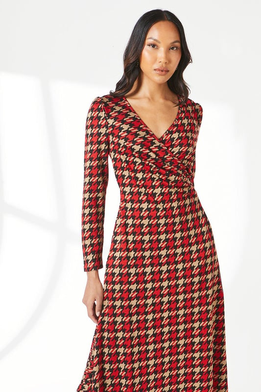 Red Dogtooth Jacquard Wrap Dress