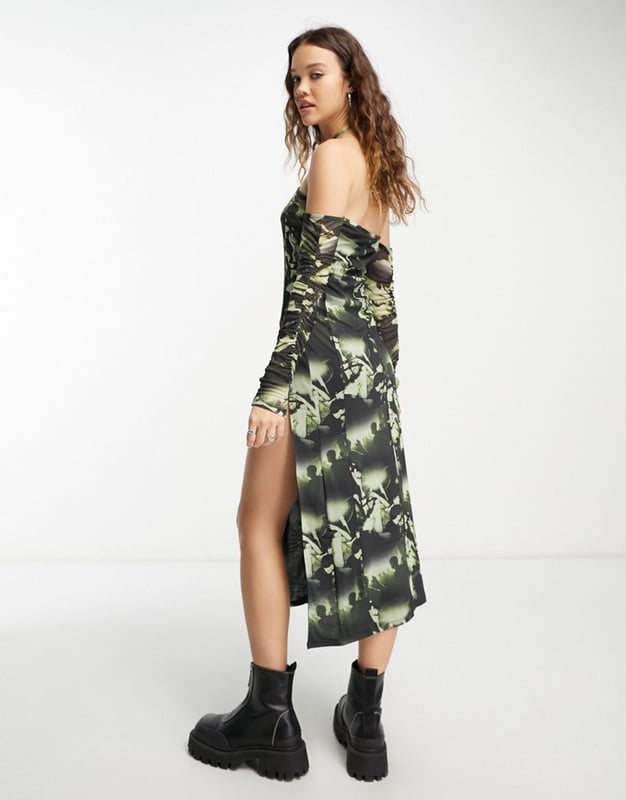 Reclaimed Vintage long sleeve mesh strappy midi dress in 90s multi print