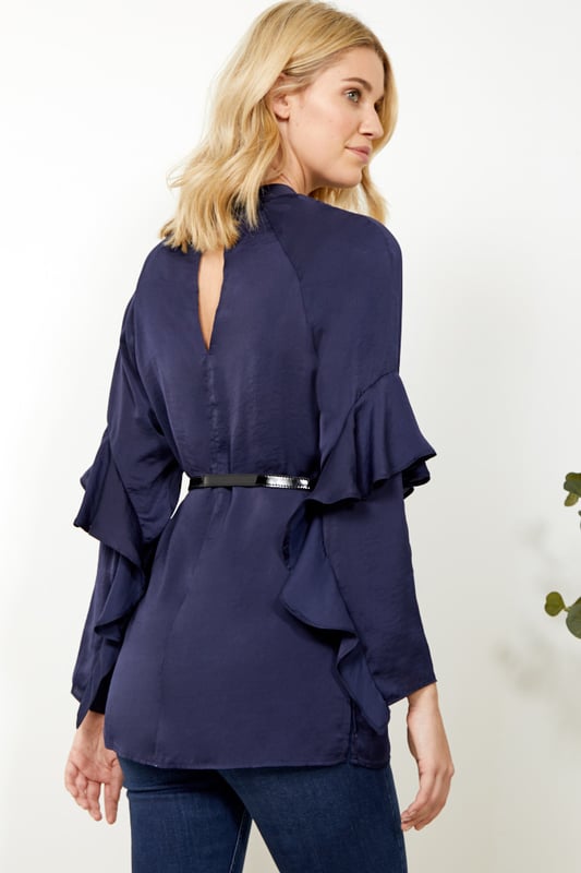 Navy Blue Ruffle Sleeve Relaxed Fit Top
