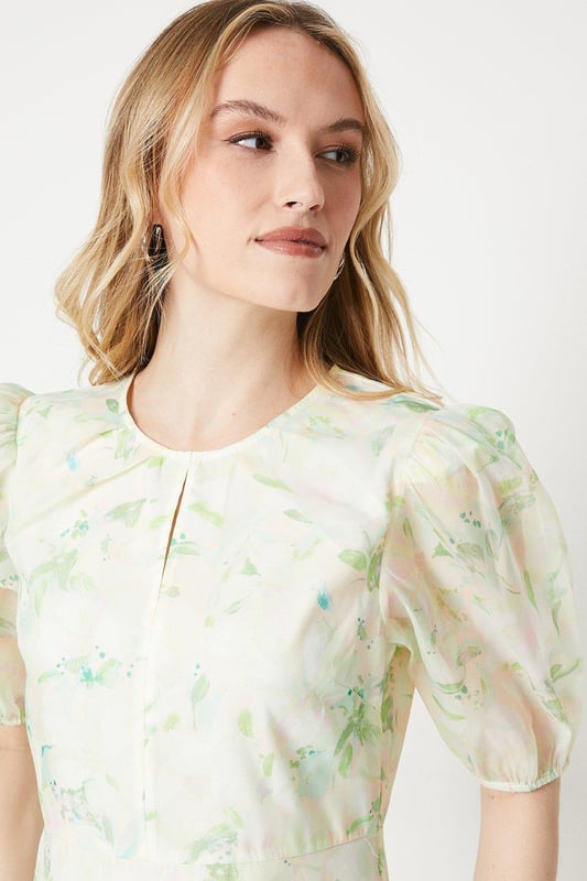 Blush Floral Organza Puff Sleeve Midi Dress