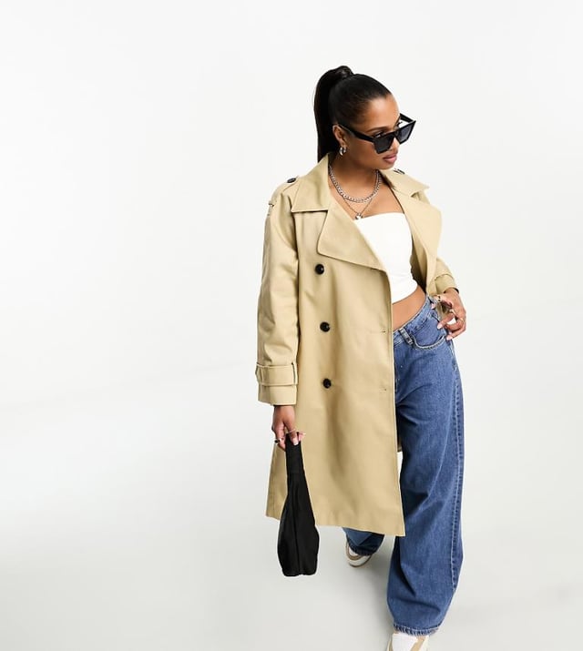 ASOS DESIGN Petite longline trench coat in stone-Neutral