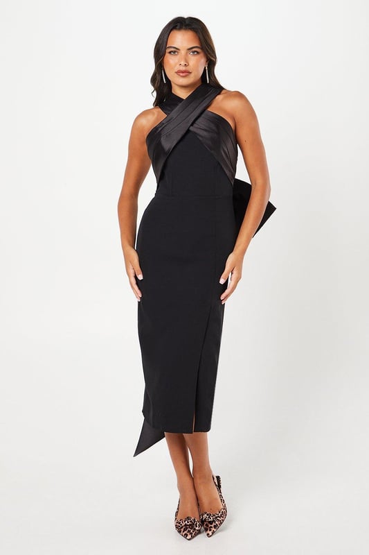 Cross Over Front Bow Back Midi Dress