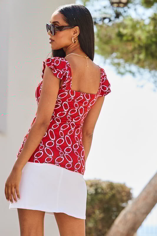 Red Chain Print Square Neck Ruffle Sleeve Top