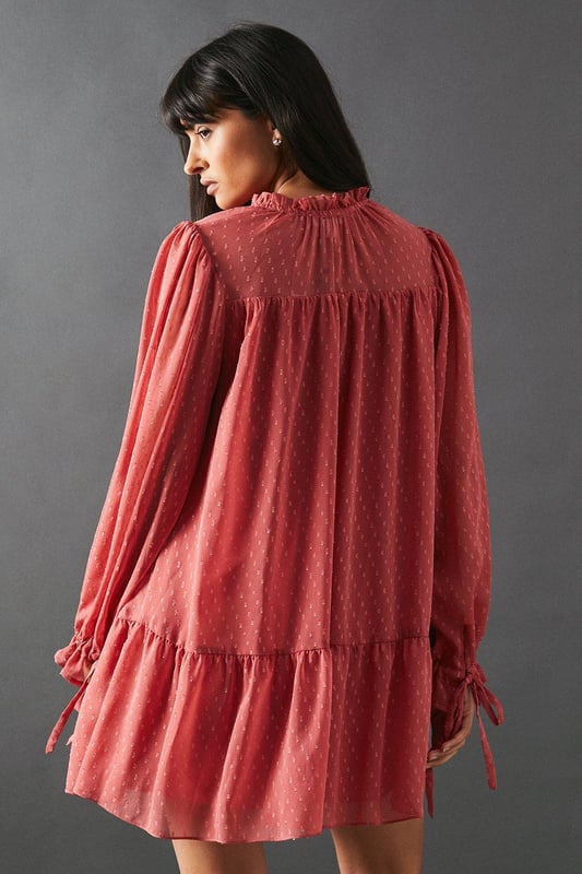 Dobby Chiffon Tie Neck Drop Hem Mini Smock Dress
