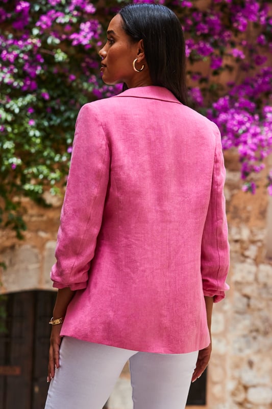 Pink Ruched Sleeve Linen Blazer