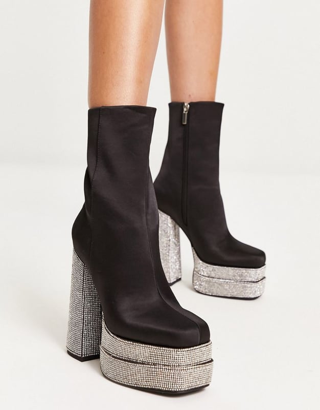 ASOS DESIGN Encore high-heeled embellished platform boots in black satin
