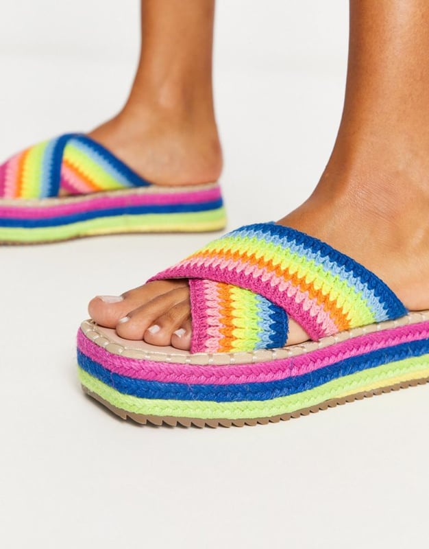 ASOS DESIGN Jazlyn flatform crochet mules in rainbow-Multi