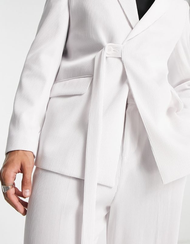 ASOS DESIGN slim belted suit jacket in white plisse