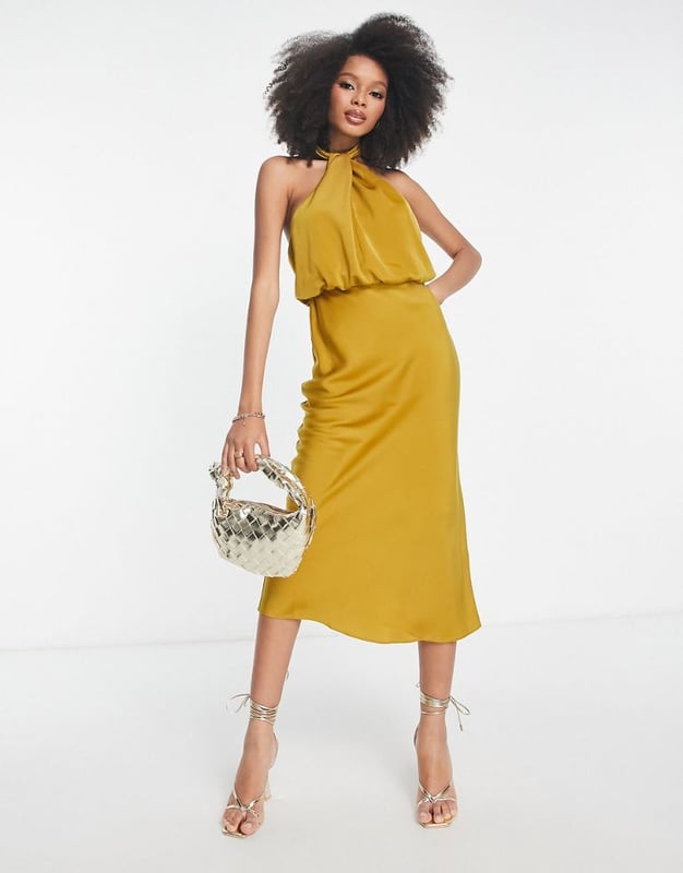 Asos Design Satin Cross Halterneck Midi Dress In Gold