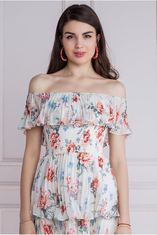 Pleated Bodice Chiffon Tiered Midi Dress