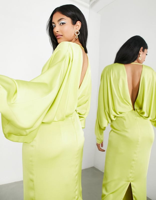 ASOS EDITION satin drape batwing column maxi dress with v neck in ...