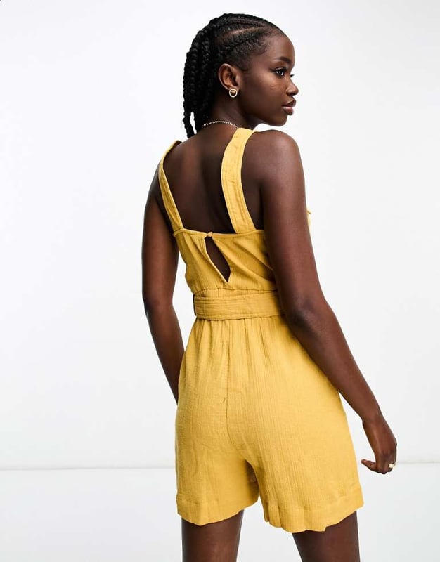 ASOS DESIGN crinkle utility playsuit with self belt in mustard-Yellow