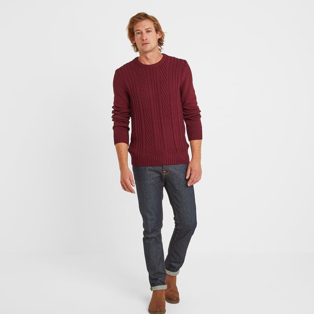 Aaron Mens Cable Knit Jumper Maroon