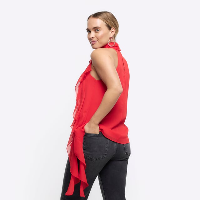 River Island Womens Blouse Red Frill Sleeveless