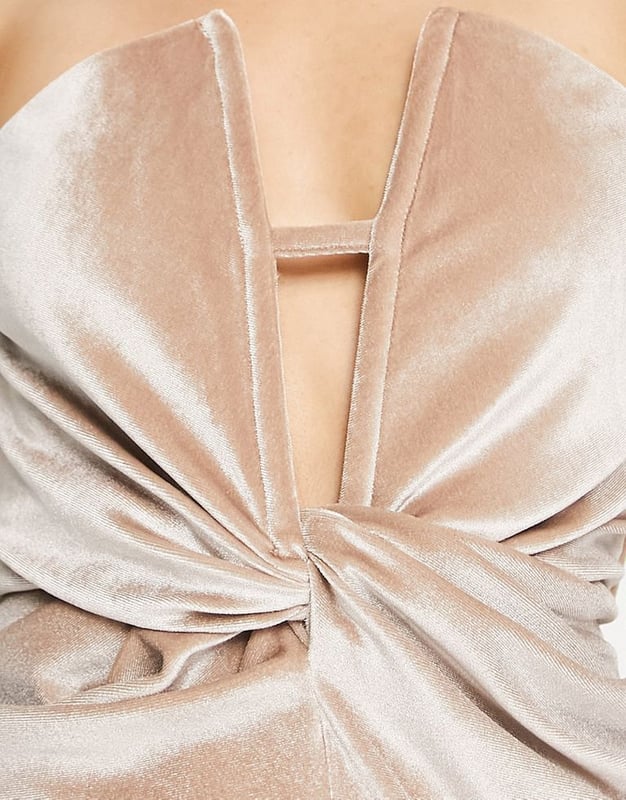 ASOS DESIGN Petite front knot plunge v wire velvet maxi dress in stone ...