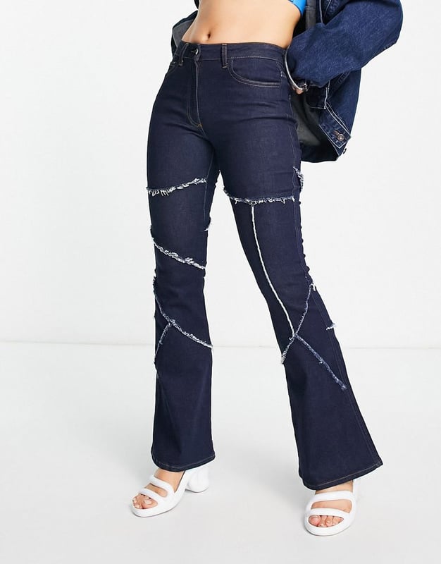 COLLUSION x008 exposed seam flare jeans in indigo-Blue