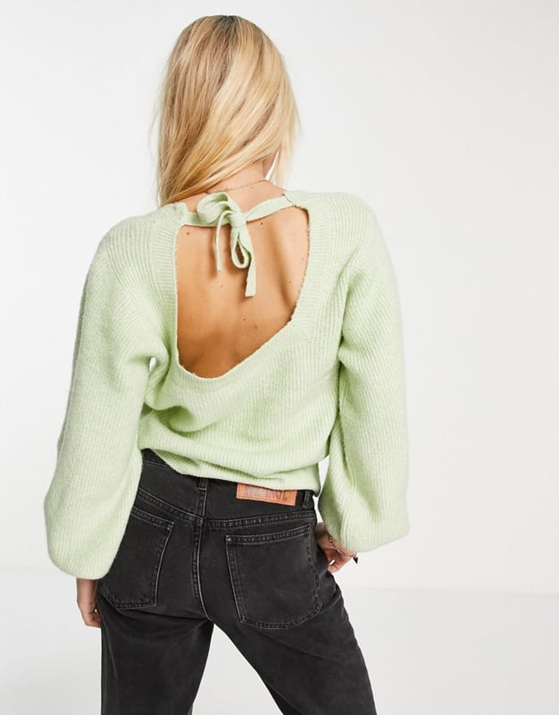 Miss Selfridge mint square neck cut out back knit jumper - LGREEN