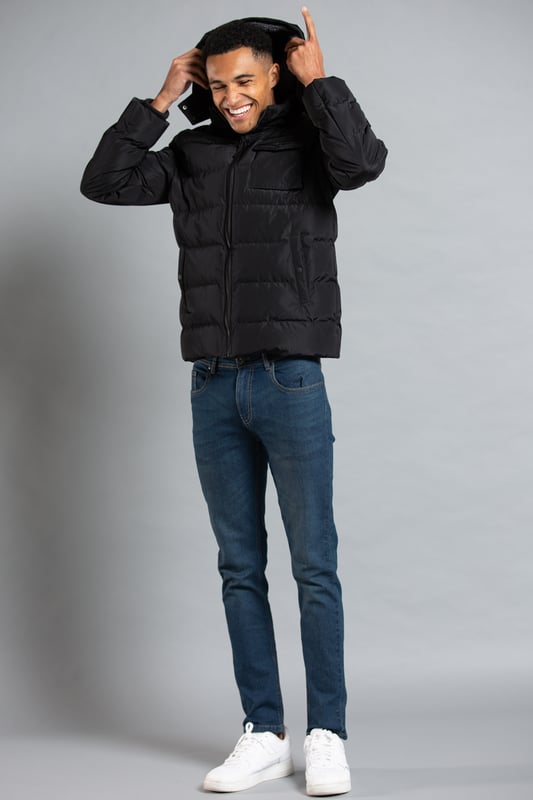 Black Hooded Padded Funnel Neck Jacket With Sherpa Lining Hood