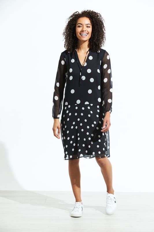 Black & White Spot Print Fluted Hem Shift Dress