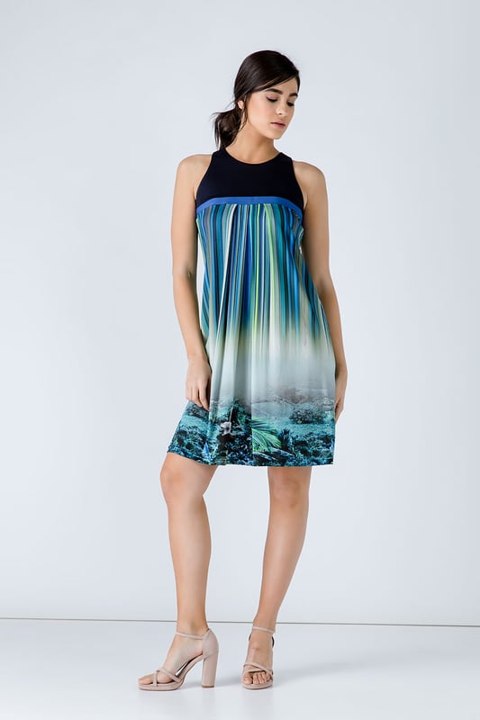 Marineblaues Print-Kleid in A-Linie