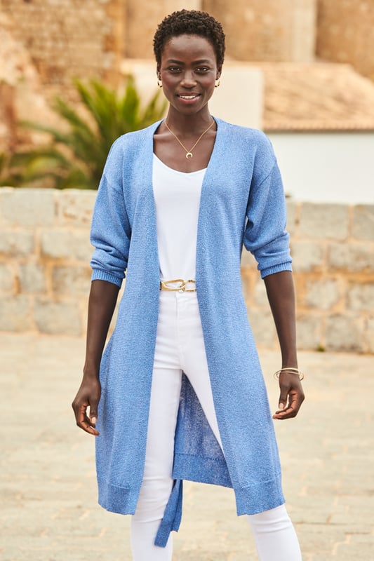 Blue Metallic Longline Belted Cardigan