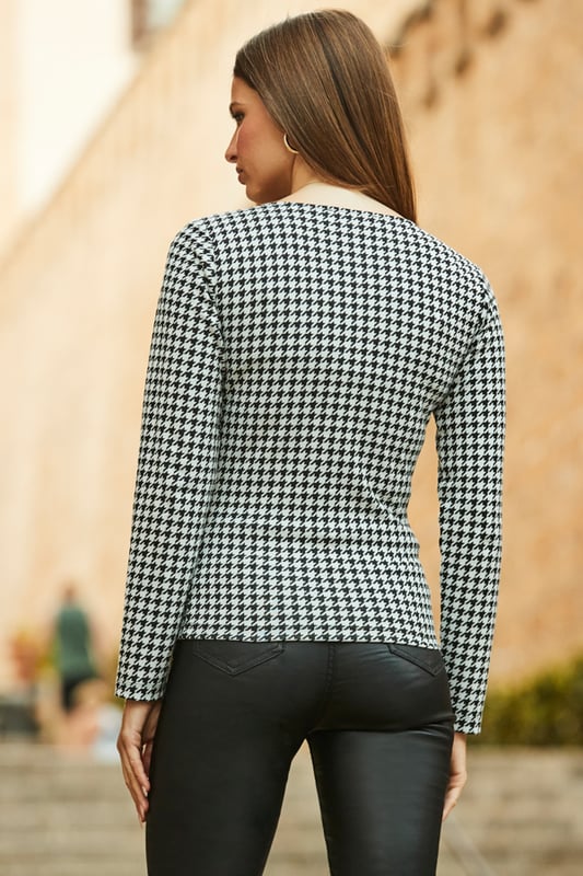 Black & White Dogtooth Print Square Neck Jersey Top