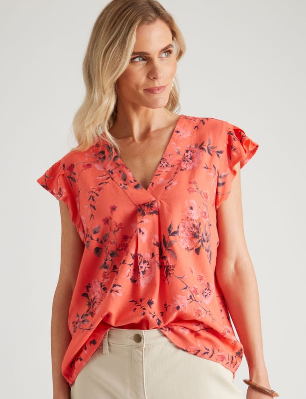 Womens Millers Cap Sleeve Linen Blend V Neck Blouse