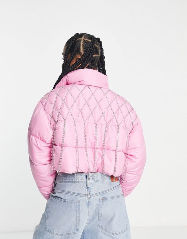Miss Selfridge dripping diamante trim crop puffer jacket in pink