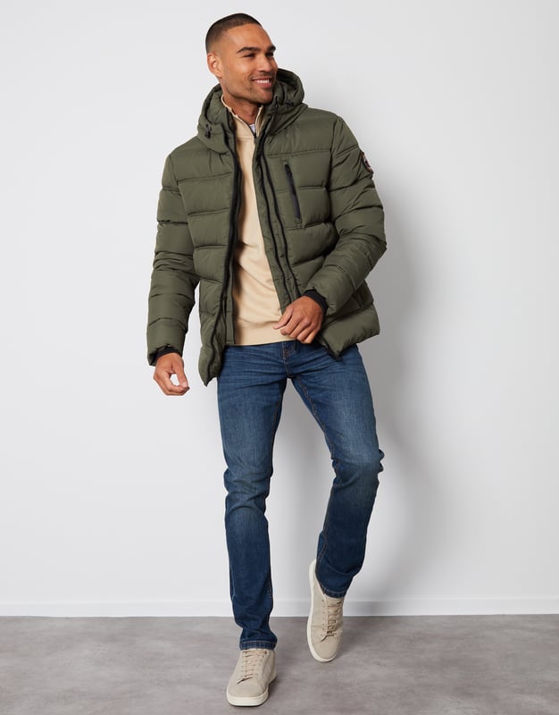 Khaki 'Stadium' Hooded Puffer Jacket With Mock Layer